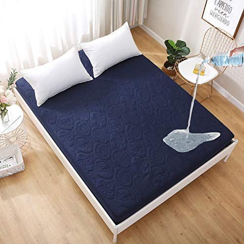 DuShow California King Mattress Protector Waterproof Quilted Mattress Pad Cover Fitted Sheet Style 18" Deep Pocket Navy Blue