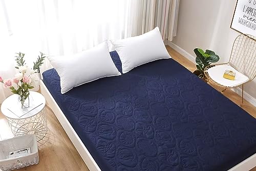 DuShow California King Mattress Protector Waterproof Quilted Mattress Pad Cover Fitted Sheet Style 18" Deep Pocket Navy Blue