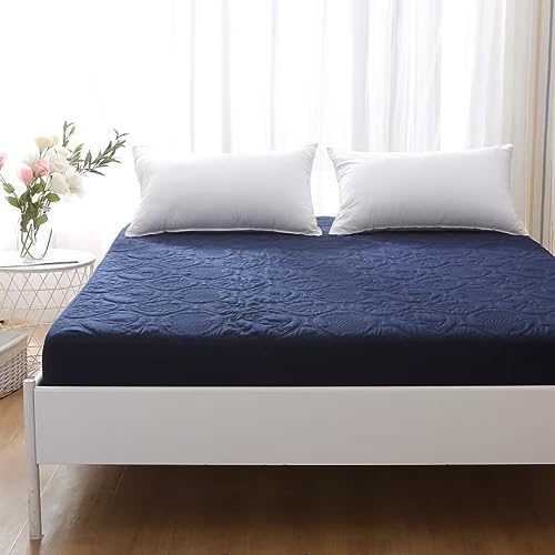 DuShow California King Mattress Protector Waterproof Quilted Mattress Pad Cover Fitted Sheet Style 18" Deep Pocket Navy Blue