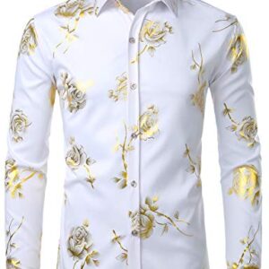 ZEROYAA Mens Hipster 3D Golden Rose Floral Printed Slim Fit Long Sleeve Button Down Dress Shirts ZZCL22 White Medium