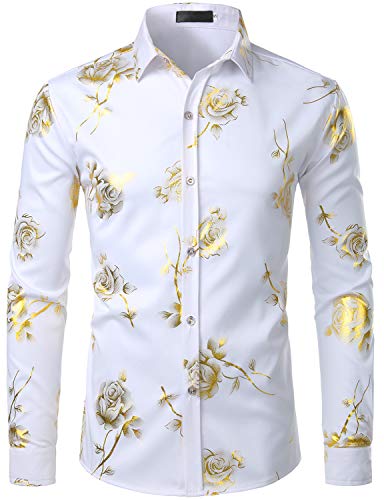 ZEROYAA Mens Hipster 3D Golden Rose Floral Printed Slim Fit Long Sleeve Button Down Dress Shirts ZZCL22 White Medium