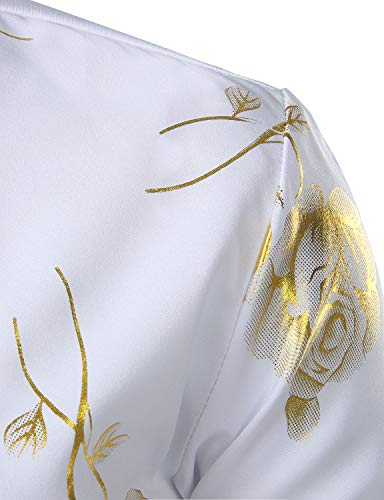 ZEROYAA Mens Hipster 3D Golden Rose Floral Printed Slim Fit Long Sleeve Button Down Dress Shirts ZZCL22 White Medium