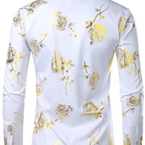 ZEROYAA Mens Hipster 3D Golden Rose Floral Printed Slim Fit Long Sleeve Button Down Dress Shirts ZZCL22 White Medium