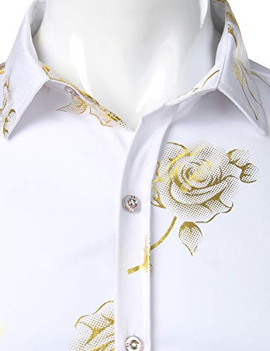 ZEROYAA Mens Hipster 3D Golden Rose Floral Printed Slim Fit Long Sleeve Button Down Dress Shirts ZZCL22 White Medium