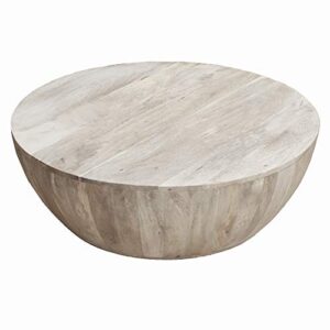 the urban port 12-inch height round mango wood coffee table, subtle grains, distressed white