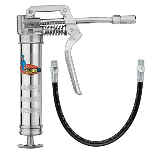 Slippery Pete Mini Pistol Grip Grease Gun. Heavy Duty Design for 3oz Cartridges. 12 inch Flexible Hose and 5 inch Rigid Extension Pipe