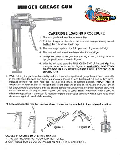 Slippery Pete Mini Pistol Grip Grease Gun. Heavy Duty Design for 3oz Cartridges. 12 inch Flexible Hose and 5 inch Rigid Extension Pipe