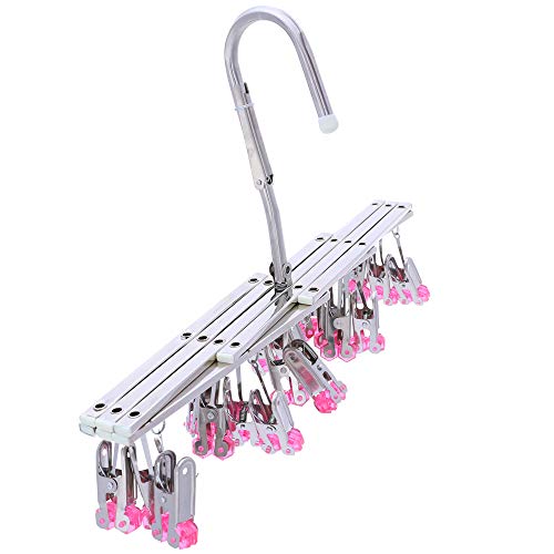 Qinglele Drying Hanger, Hanging Drying Rack, Drip Hanger Stainless Steel with 18 Pegs for Laundry Underwear Socks, Quickly Remove Clothes from Hanger, Windproof, Folding Portable, (Red)