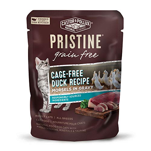 Castor & Pollux Pristine Grain Free Cage-Free Duck Recipe Morsels in Gravy Cat Food Pouches, 3 Oz (Pack of 24)