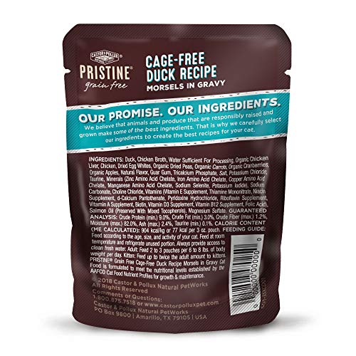 Castor & Pollux Pristine Grain Free Cage-Free Duck Recipe Morsels in Gravy Cat Food Pouches, 3 Oz (Pack of 24)