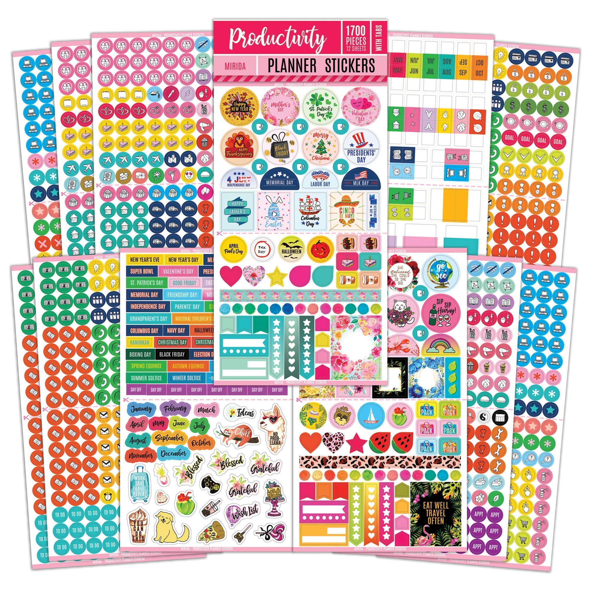 Mirida Planner Stickers – 1700 Productivity Mini Icons for Adults Calendar – Work, Daily To Do, Budget, Family, Holidays, Journaling – Variety Pack with Monthly Tabs