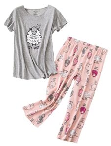 pnaeong women’s pajama set - cotton-blend short-sleeve loose top with matching capri bottoms sy296-lazy sheep-m