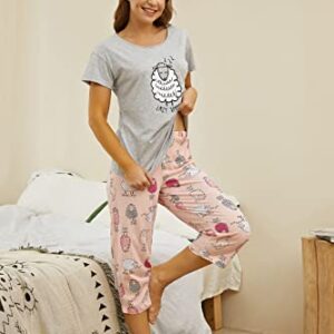 PNAEONG Women’s Pajama Set - Cotton-Blend Short-Sleeve Loose Top with Matching Capri Bottoms SY296-Lazy Sheep-M