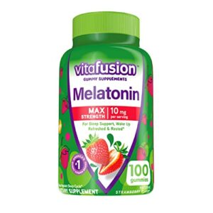 vitafusion max strength melatonin gummy supplements, strawberry flavored, 10 mg melatonin sleep supplements, america’s number 1 gummy vitamin brand, 50 day supply, 100 count