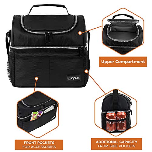 OPUX Lunch Box For Men Women, Insulated Large Lunch Bag Adult Work, Double Decker Lunchbox Meal Prep, Dual Compartment Leakproof Lunch Cooler, Soft Lunch Pail Tote Boys Girls Kids School, Black 16 Can