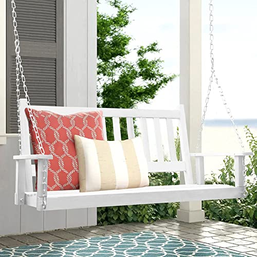 Shine Company 4216WT Maine Wood Porch Swing | Hanging Swing Bench with Chains – White