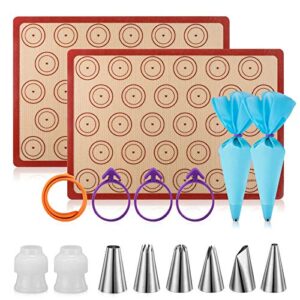 silicone baking mat macaron mat kit(16pcs set) macaroon baking mat set of 2 half sheet macaron silicone mat nonstick macaron mat sheet,6 piping tip,2 piping bag with 3 bag tie,2 coupler (11.6"x16.5")