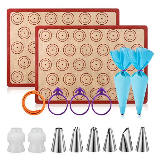 Silicone Baking Mat Macaron Mat Kit(16pcs set) Macaroon Baking Mat Set of 2 Half Sheet Macaron Silicone Mat Nonstick Macaron Mat Sheet,6 Piping Tip,2 Piping Bag with 3 Bag Tie,2 coupler (11.6"x16.5")