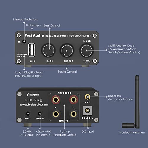 Fosi Audio BL20A 200W Bluetooth 5.0 Home Audio Stereo Amplifier Hi-Fi Mini Class D Integrated Amp with U-Disk/3.5MM AUX/RCA Input and Remote Control for Home Passive Theater Speaker with Power Supply