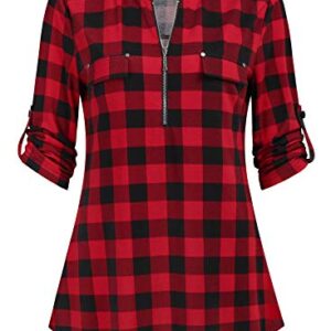 Ninedaily Plaid Shirts for Women, Gifts for Women Shirts Happy New Years Shirts Christmas Outfits 2023 Casual Extra Long Dressy Tunics to Wear with Legging Loose Hem Black and Red Plaid Shirt Size XL