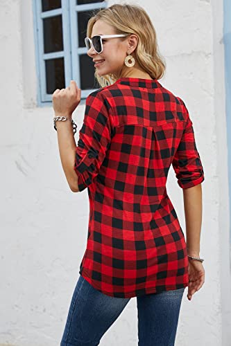 Ninedaily Plaid Shirts for Women, Gifts for Women Shirts Happy New Years Shirts Christmas Outfits 2023 Casual Extra Long Dressy Tunics to Wear with Legging Loose Hem Black and Red Plaid Shirt Size XL