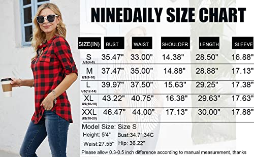 Ninedaily Plaid Shirts for Women, Gifts for Women Shirts Happy New Years Shirts Christmas Outfits 2023 Casual Extra Long Dressy Tunics to Wear with Legging Loose Hem Black and Red Plaid Shirt Size XL