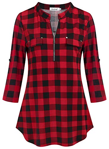 Ninedaily Plaid Shirts for Women, Gifts for Women Shirts Happy New Years Shirts Christmas Outfits 2023 Casual Extra Long Dressy Tunics to Wear with Legging Loose Hem Black and Red Plaid Shirt Size XL