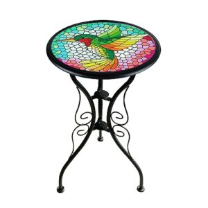 liffy outdoor mosaic side table hummingbird garden end table small patio round printed glass table for yard or lawn