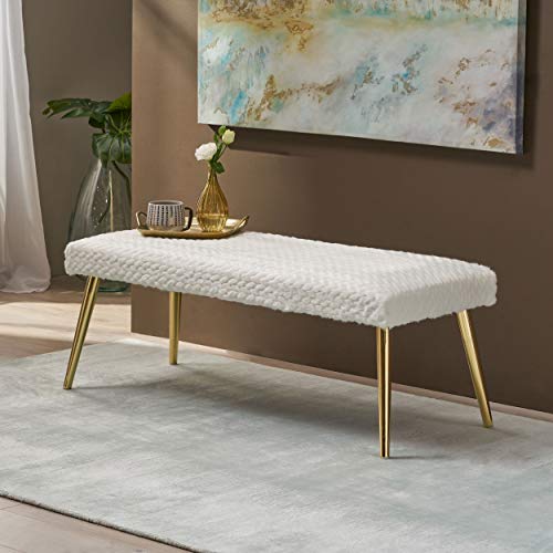 Christopher Knight Home Indira Patterned Faux Fur Bench, White and Gold Finish