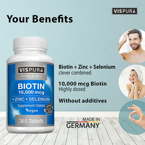 Biotin 10000 mcg + Zinc + Selenium, Pure, Vegan & Extra Strong, Best Supplement for Hair Growth, Glowing Skin, Strong Nails*, 365 Tablets for 12 Months, Natural Without Additives