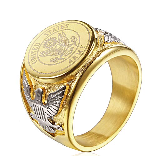 JAJAFOOK Vintage Titanium Steel US Military Army Ring Eagle Medal Rings for Men,Gold with Silver 10