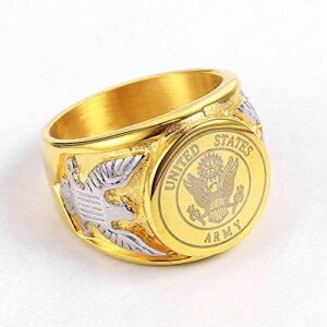 JAJAFOOK Vintage Titanium Steel US Military Army Ring Eagle Medal Rings for Men,Gold with Silver 10