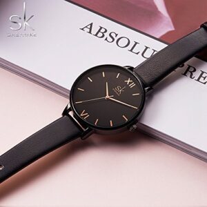 SHENGKE Simplicity Creative Women Watch Genuine Leather Elegant Women Watches Ladies Business Wristwatch (K0039-Black-Genuine Leather)