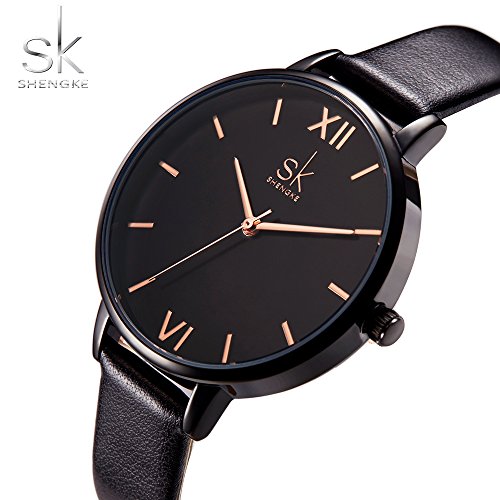 SHENGKE Simplicity Creative Women Watch Genuine Leather Elegant Women Watches Ladies Business Wristwatch (K0039-Black-Genuine Leather)