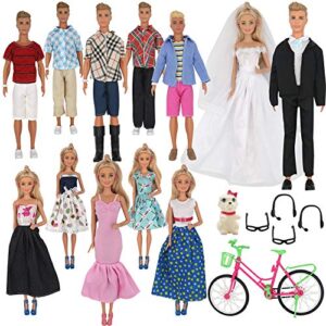 ztweden 33pcs doll clothes and accessories for 12 inch boy and girl doll, includes 20 wear clothes shirt jeans suit and wedding dresses, glasses earphones dog and bike for 12'' boy girl doll