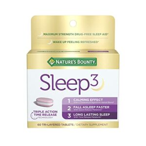 nature's bounty sleep3 melatonin 10mg, maximum strength 100% drug free sleep aid, dietary supplement, l-theanine & nighttime herbal blend time release technology, 60 tri-layered tablets