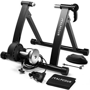 alpcour bike trainer stand for indoor riding – portable stainless steel indoor trainer w/magnetic flywheel, noise reduction, 6 resistance settings & bag – stationary exercise for road & mountain bikes