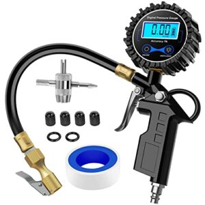 nilight 50026r digital tire inflator pressure gauge,250 psi air chuck and compressor accessories heavy duty with rubber hose and quick connect coupler for 0.1 display resolution,2 year warranty