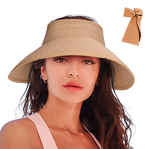 Women's Sun Visor Hats Wide Brim Straw Beach Hat Ponytail Hats for Women Foldable Floppy