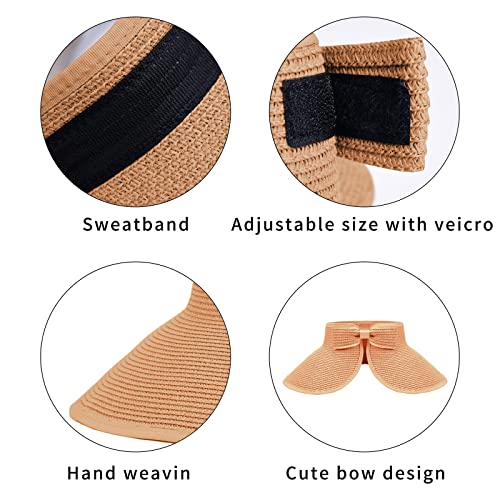 Women's Sun Visor Hats Wide Brim Straw Beach Hat Ponytail Hats for Women Foldable Floppy