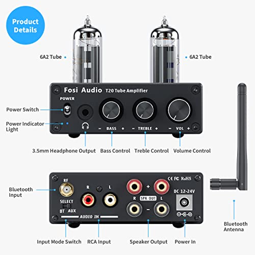 Fosi Audio T20 Bluetooth 5.0 Tube Amplifier Headphone Amp Support aptX HD Stereo Receiver 2 Channel Class D Digital Mini Hi-Fi Power Amp for Home Passive Speakers with 6J4 Vacuum Tubes