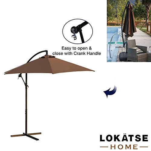 LOKATSE HOME 10 Ft Offset Patio Outdoor Umbrella Cantilever Hanging Market Umbrella Garden Umbrella with Crank & Cross Base (Brown)