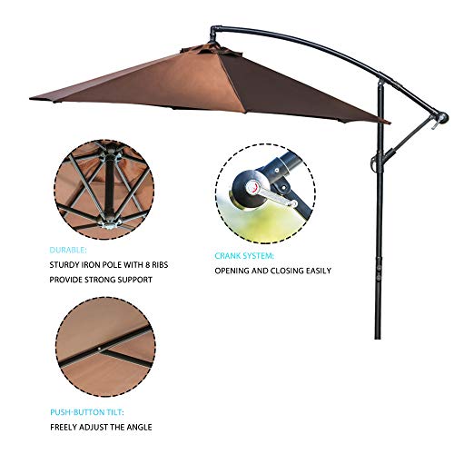 LOKATSE HOME 10 Ft Offset Patio Outdoor Umbrella Cantilever Hanging Market Umbrella Garden Umbrella with Crank & Cross Base (Brown)