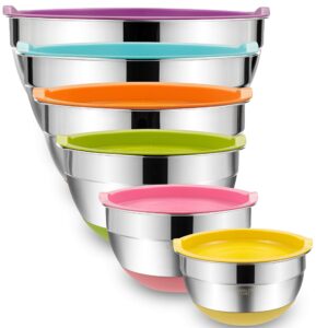 umite chef mixing bowls with airtight lids, 6 piece stainless steel metal bowls, measurement marks & colorful non-slip bottoms size 7, 3.5, 2.5, 2.0,1.5, 1qt, great for mixing & serving