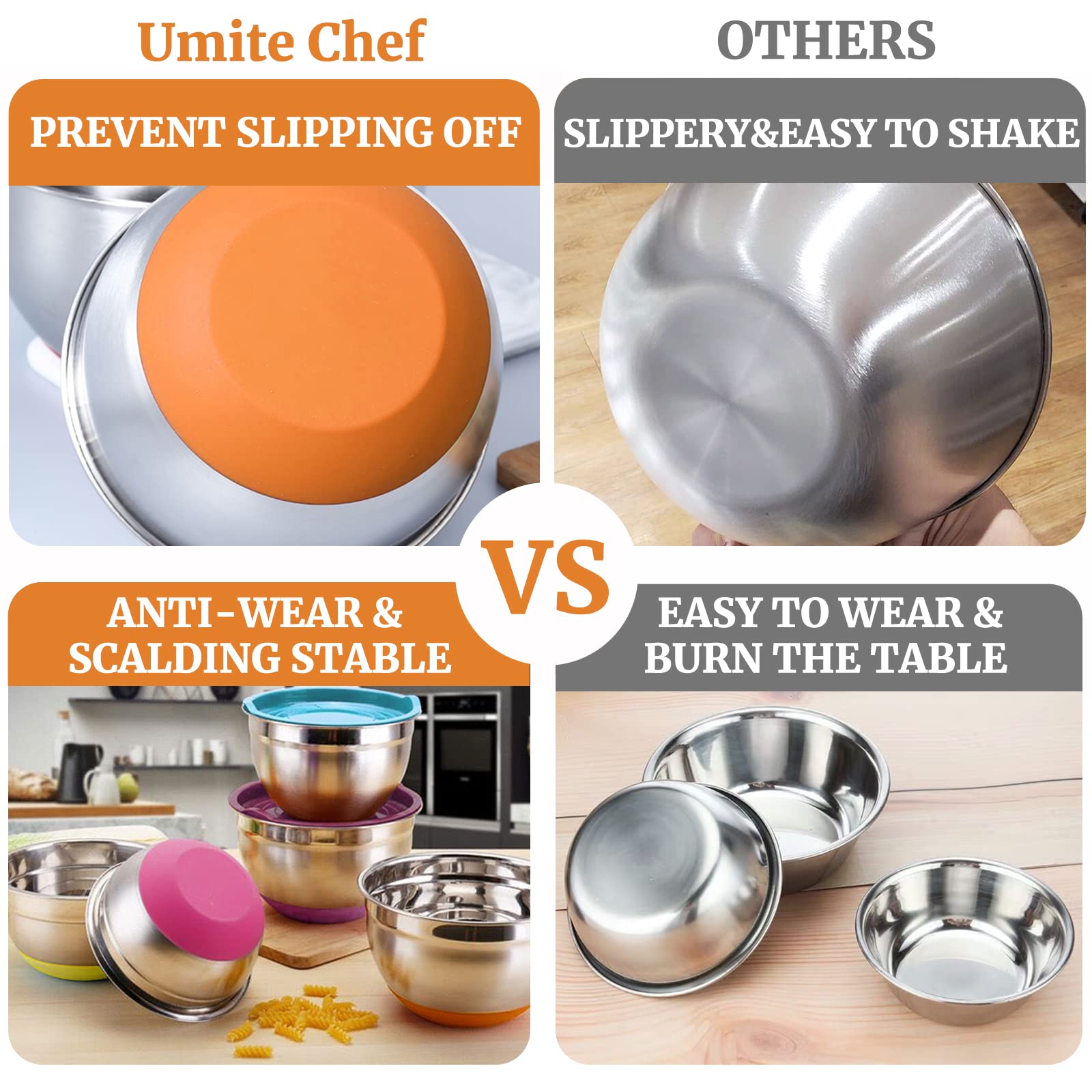 Umite Chef Mixing Bowls with Airtight Lids, 6 Piece Stainless Steel Metal Bowls, Measurement Marks & Colorful Non-Slip Bottoms Size 7, 3.5, 2.5, 2.0,1.5, 1QT, Great for Mixing & Serving