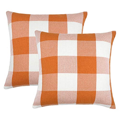 4TH Emotion Set of 2 Farmhouse Buffalo Check Plaid Throw Pillow Covers Cushion Case Polyester Linen for Fall Home Decor Orange and White, 18 x 18 Inches