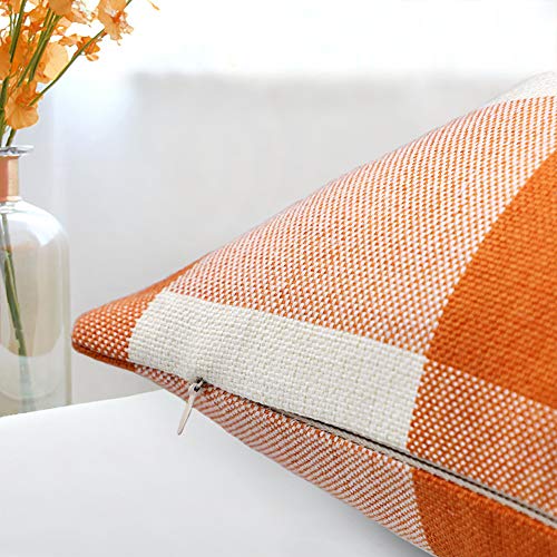 4TH Emotion Set of 2 Farmhouse Buffalo Check Plaid Throw Pillow Covers Cushion Case Polyester Linen for Fall Home Decor Orange and White, 18 x 18 Inches