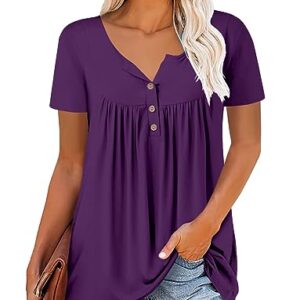 Mystry Zone Women's Vintage Short Sleeve Henley V Neck Pleated Tunic Shirt Purple Large