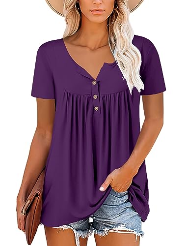 Mystry Zone Women's Vintage Short Sleeve Henley V Neck Pleated Tunic Shirt Purple Large