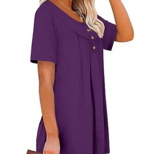 Mystry Zone Women's Vintage Short Sleeve Henley V Neck Pleated Tunic Shirt Purple Large